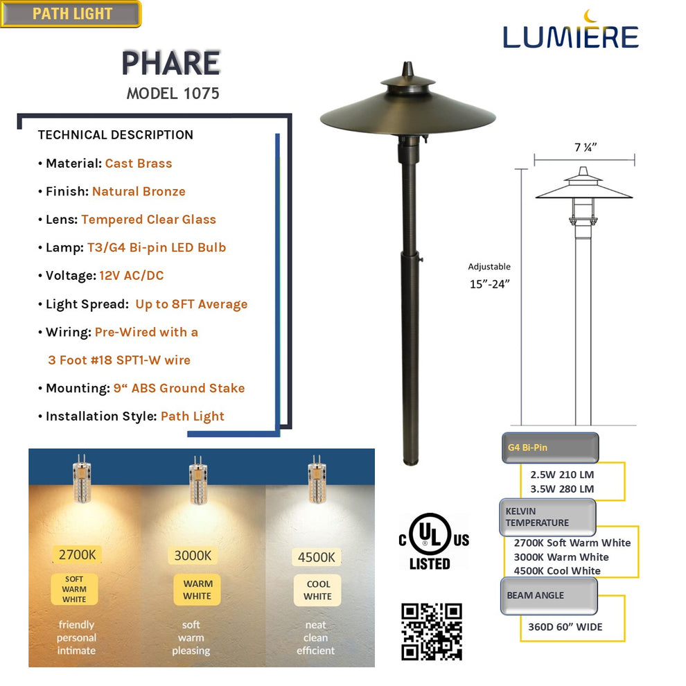 Phare Solid Cast Brass Adjustable Pathway Light Natural Bronze