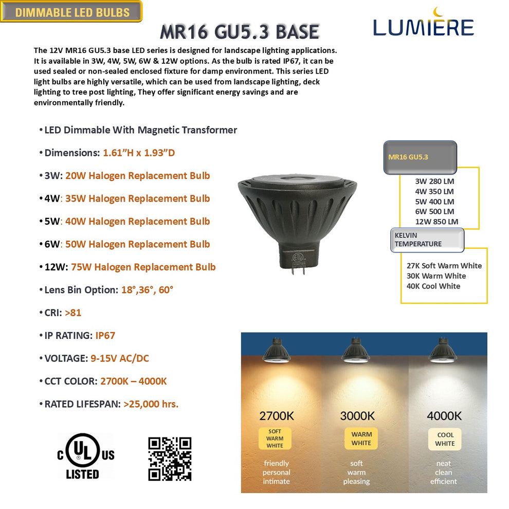 MR16 4W LED Bulb 2700K | 3000K 36° Dimmable 12V AC/DC 350 Lumens - 35W